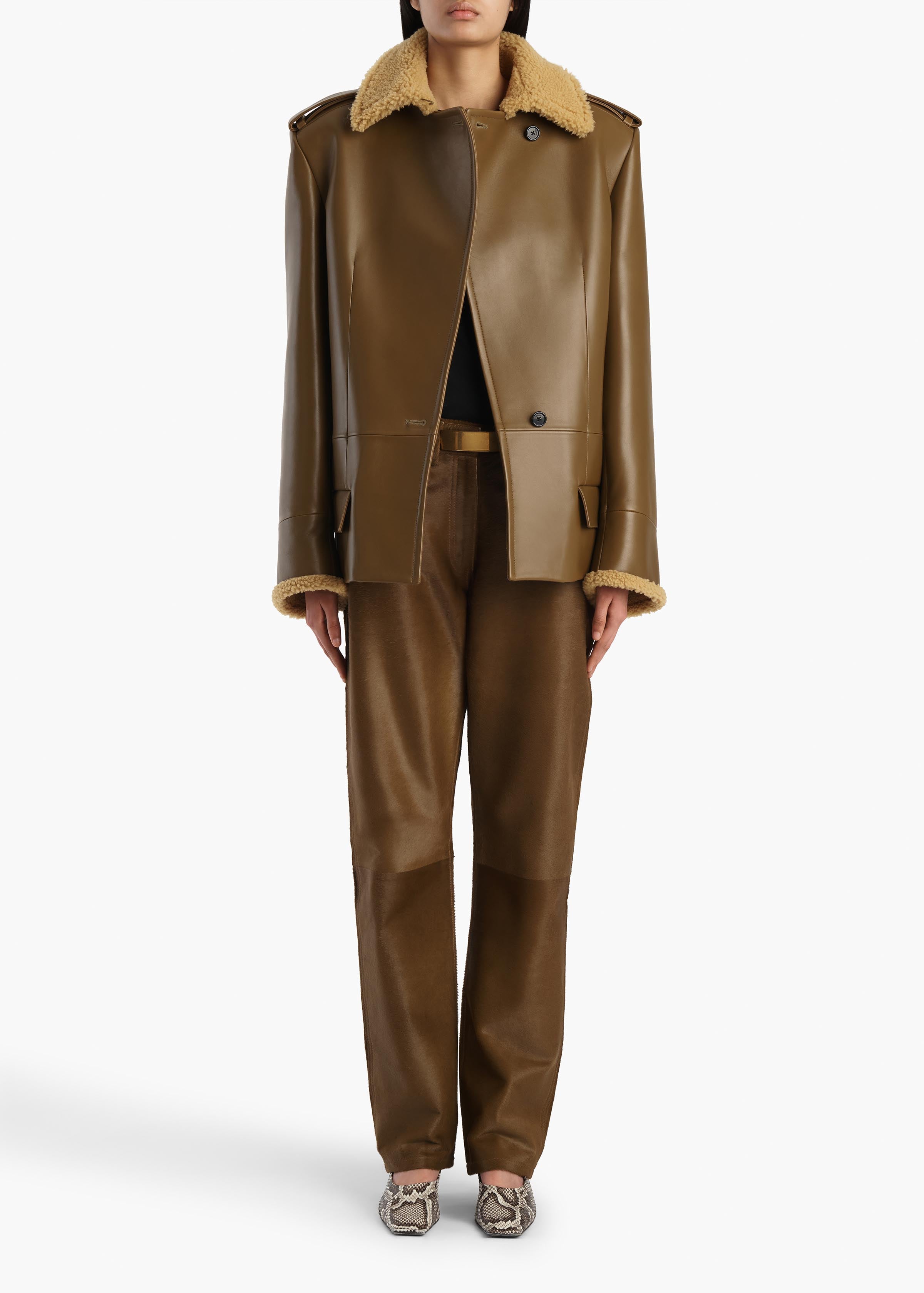 KHAITE KHAITE Marlotte Double-Breasted Lambskin Coat with Shearling Trim